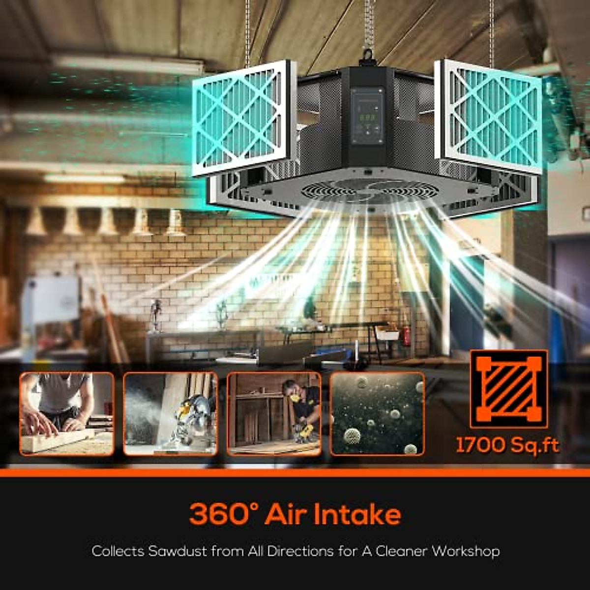 ABESTORM 360 Degree Intake Air Filtration System Woodworking -(1350 CFM) Hanging Air Filter with Strong Vortex Fan for Wood Workshop, Garage, Shop Dust Collectors, Up to 1700 sq. ft, DecDust 1350