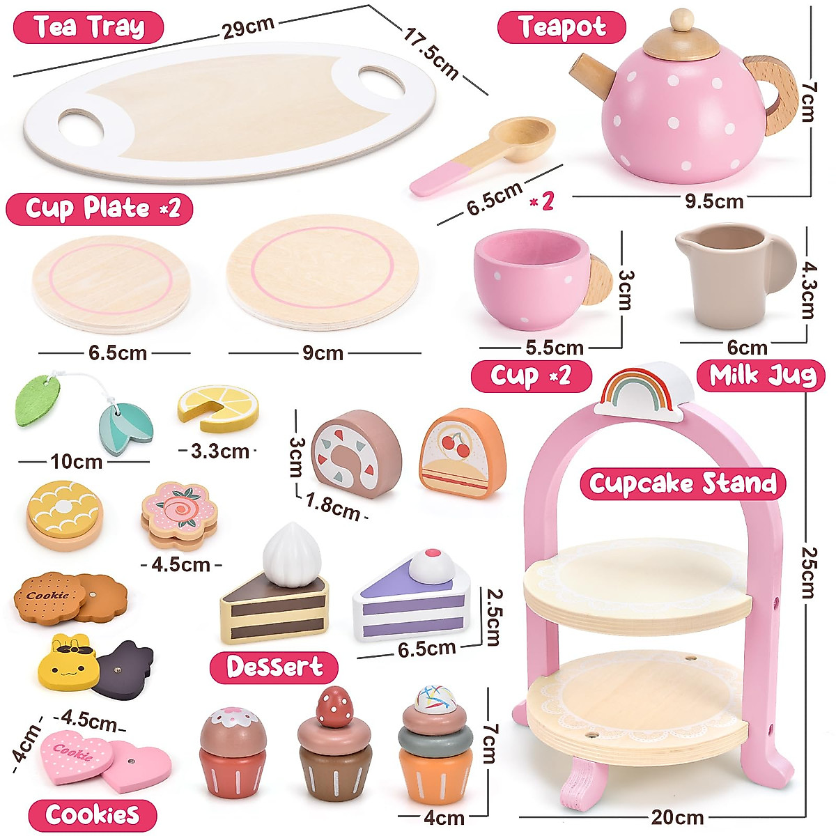 Atoylink Wooden Tea Party Set for Little Girls Toys Kids Play Kitchen Toddler Tea Set with Play Food & Cupcake Stand Pretend Play Wooden Toys for 2 3 4 5 6 Year Old Girl Christmas Birthday Gift