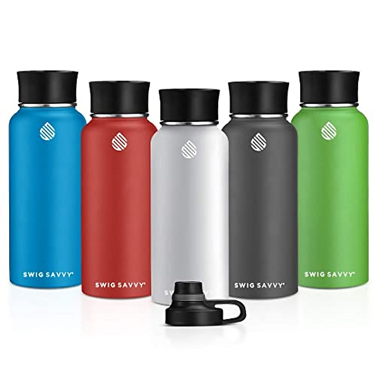 Swig Savvy Sports Water Bottle, Vacuum Insulated Stainless steel, Double Wall, Wide Mouth 2 Leakproof Lid, Travel Thermos - 30oz (Black)