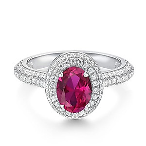 Gem Stone King 925 Sterling Silver 8X6MM Oval Gemstone Birthstone and White Moissanite Halo Engagement Ring | Wedding Anniversary Promise Ring For Women | Size 5,6,7,8,9