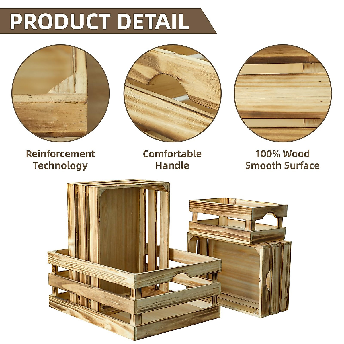 JUMBO HUMBLE Large Torched Wood Storage Crates Decorative, Set of 4 Nesting Wooden Crates for Display Rustic, Farmhouse Wooden Storage Container Boxes Made from 100% Wood