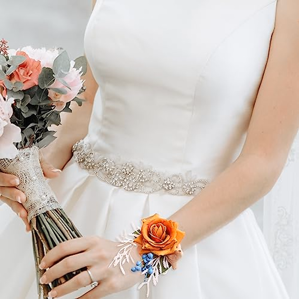 AJOYEGG Wrist Corsage and Boutonniere Set: Corsage Wristlet Band Bracelet Flower and Men Boutonniere Rose Flower Set for Wedding Prom Suit Decoration(Burnt Orange)