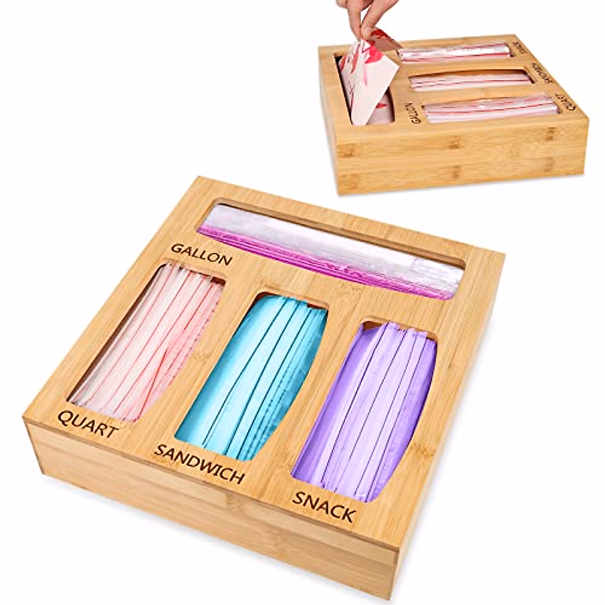 Ziplock Bag Organizer, Plastic Bag Storage, Food Storage Bag Bamboo Holder for Kitchen Drawer, Compatible with Ziplock Gallon, Quart, Sandwich & Snack Variety Size Bag