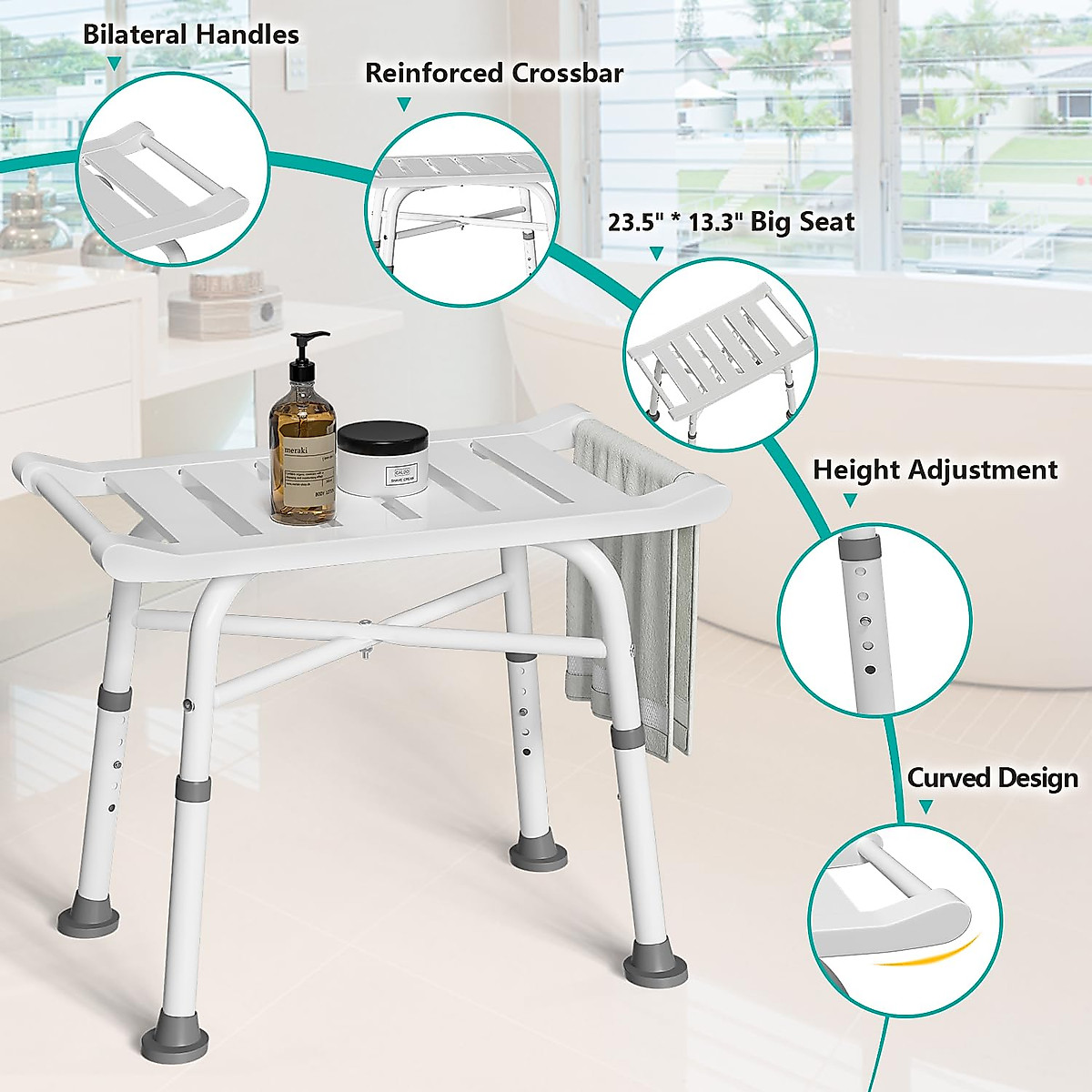 Shower Bench Shower Chair for Inside Shower - 23.5 Inch Shower Seat with Handles, Height Adjustable Waterproof Shower Stool for Adults Elderly, Disabled and Injured. (Black) (Black)