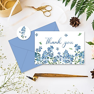Whaline 24 Pack Watercolor Floral Thank You Cards Bulk Forget-Me-Not Myosotis Sylvatica Flower Greeting Cards with Envelope Sticker Blank Note Cards for Wedding Baby Shower Bridal Birthday Party