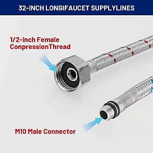 BWE 32-Inch Long Bathroom Kitchen Faucet Connector Braided Stainless Steel Supply Hose 1/2-Inch Female Compression Thread x 2 Pcs (1 Pair)