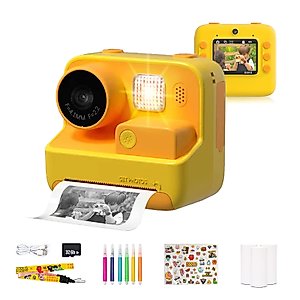 Kids Camera Instant Print, 48 Mega Pixels and 1080P Resolution HD Digital Video Cameras for Girls Boys 3-12 Years Old with 32GB SD Card,Color Pens,Print Papers(Yellow)