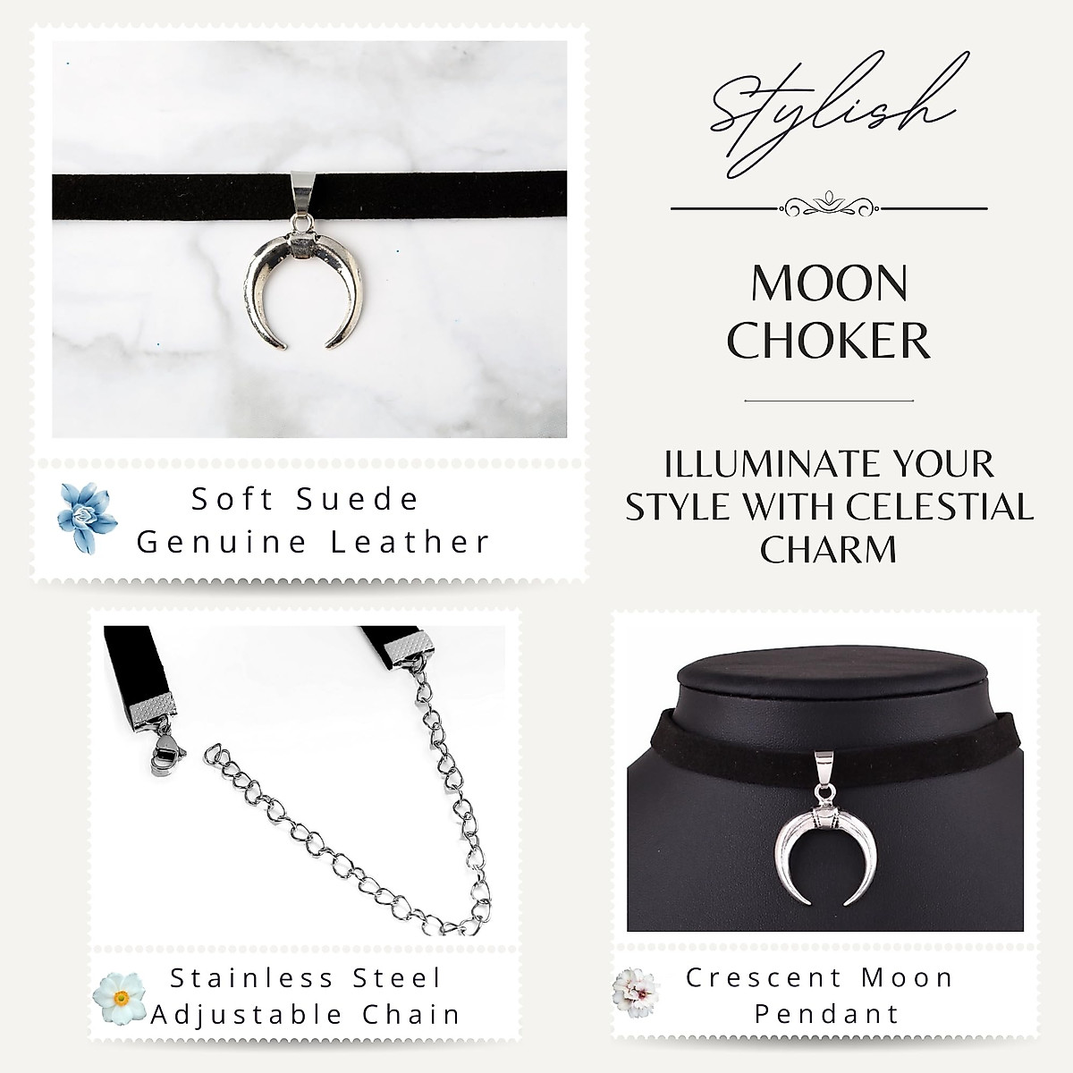 STACKABLE CREATIONS Black Suede Leather Choker Necklace with Silver Crescent Moon Pendant for Women Men