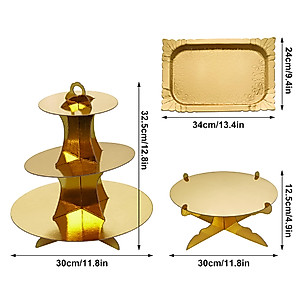 Rbenxia 7 Pieces Cake Stand Set 3-Tier Round Cardboard Cupcake Tower with Rectangle Serving Tray 1-Tier Round Cake Stand Dessert Holders for Birthday Party Wedding Bridal Shower (Gold)