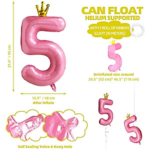 Digit Five Balloon Pink Crown Balloon 5 Year Old Sign Decor, Number 5 Foil Balloon 5th Birthday Balloon Decorations 5 Number Balloons for Wedding Bridal Shower Engagement Photo Shoot Anniversary