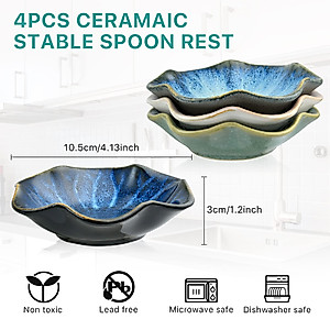 Worldity 4 Pack Ceramic Spoon Rest, Glaze Coffee Spoon Rest, Heat Resistant Spoon Rest for kitchen Counter, Utensil Rest for Kitchen Restaurant Home Use