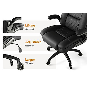 Claiks Big and Tall Office Leather Chair for Heavy People, Executive Office Chair with Heavy Duty Casters,High Back Office Chair Flip Arms Adjustable Built-in Lumbar Support