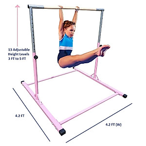 Athletic Bar Kids Gymnastics Junior Horizontal Kip Bar 3 to 5 FT Training Jungle Gym Expandable Adjustable Height 3 to 5 FT Tumble Weight Capacity 300 Pounds (Pink)