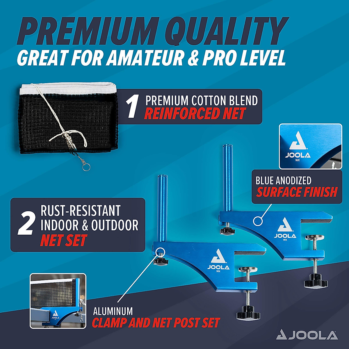 JOOLA Professional Grade WX Aluminum Indoor & Outdoor Table Tennis Net and Post Set - Quick Setup - 72in Regulation Ping Pong Net - Reinforced Cotton Blend Net w/ Adjustable Tensioning System