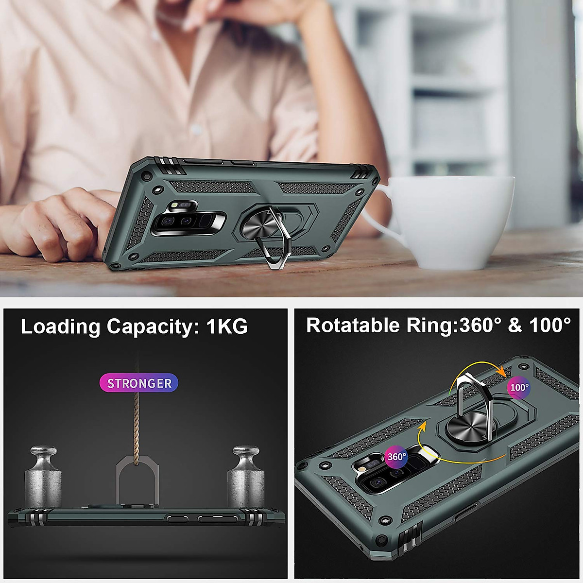 Galaxy S9+ Plus Case,(NOT for Small S9),Military Grade 16ft. Drop Tested Cover with Magnetic Ring Kickstand Compatible with Car Mount Holder,Protective Phone Case for Samsung Galaxy S9 Plus Pine Green