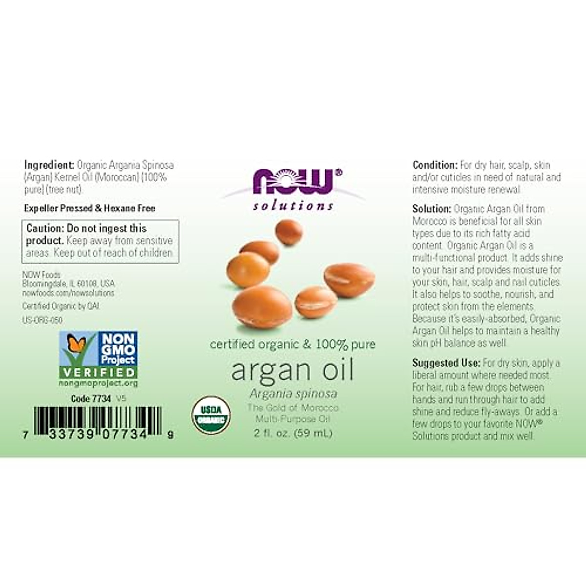 NOW Foods Solutions, Organic Argan Oil, Certified Organic and 100% Pure, "Gold of Morocco" Multi-Purpose Oil, 2-Ounce
