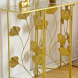 40 Inch Gold Console Table, Sofa Table, Modern Entryway Table, Tempered Glass Shelf with Ginkgo Leaves Decorative for Entryway Living Room Bedroom