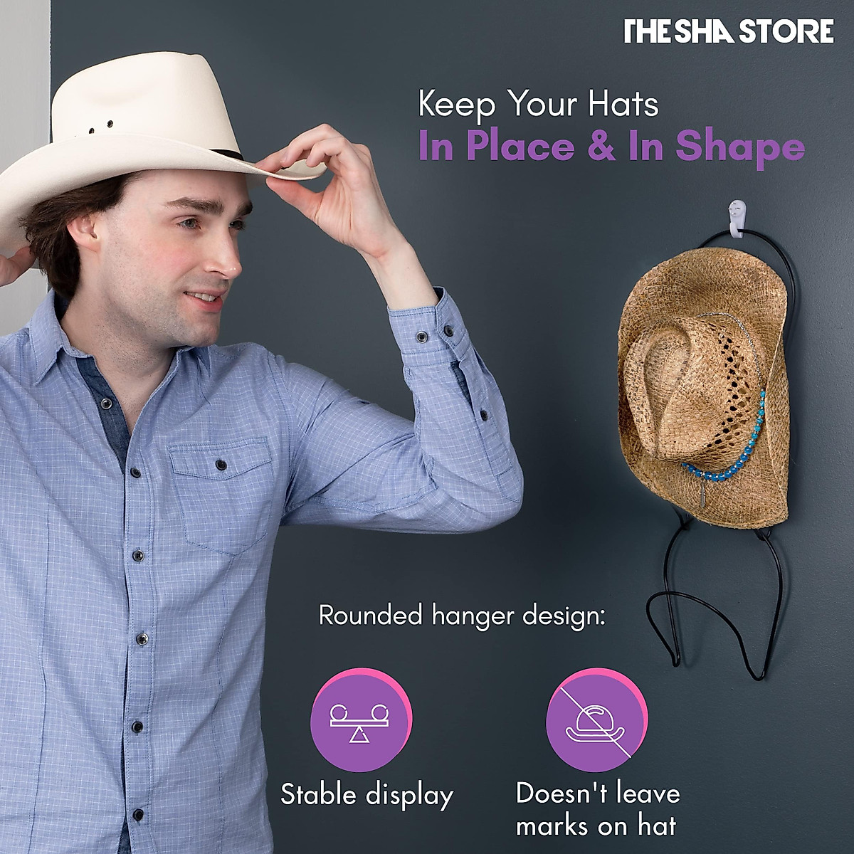 Cowboy Hat Rack for Wall - 5 Pieces Cowboy Hat Holder for Trucks, Durable Metal Hat Rack for Cowboy Hats for Perfect Shape