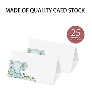 Place Cards for Blue Elephant Party, Editable Name Place Cards, Seating Place Cards for Tables, Tent Style Cards for Baby Shower, Birthday Party, Easy Folding, Pack of 25 Escort Cards(B04)
