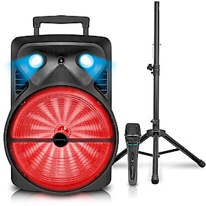 1600 Watts Bluetooth Speaker with Tripod, Wired Microphone & Remote Control | Rechargeable 15" Two Way Bluetooth DJ Light Speaker Package with USB SD Card inputs by Technical Pro