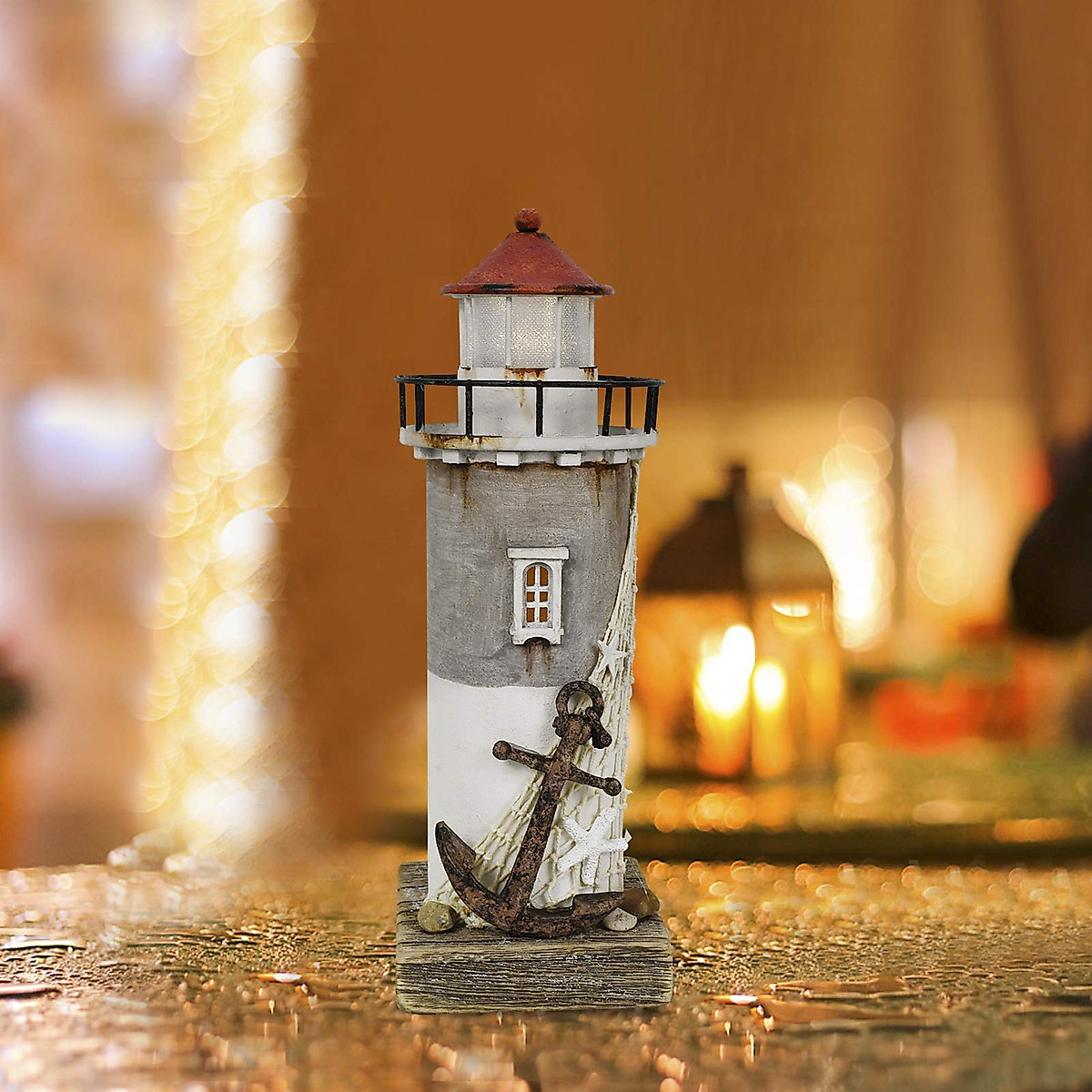 Wooden Lighthouse Decor with Light, Decorative Nautical Lighthouse Rustic Ocean Sea Beach Themed Lighthouse Decoration, Handcrafted Tabletop Nautical Themed Home Decor Bathroom Decor (11.4“H)