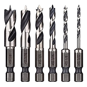 Wolfride 6PCS Brad Point Drill Bits 1/4-Inch Hex Shank Stubby Drill Bit Set for Wood