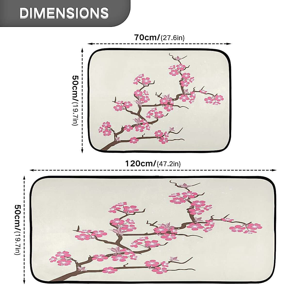 ALAZA Cherry Blossom Flower Blossom Floral Non Slip Kitchen Floor Mat Set of 2 Piece Kitchen Rug 47 x 20 inches + 28 x 20 inches for Entryway Hallway Bathroom Living Roo