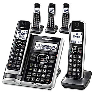 Panasonic Link2Cell Bluetooth Cordless Phone System with HD Audio, Voice Assistant, Smart Call Block and Answering Machine, Expandable Cordless System - 5 Handsets - KX-TGF675S (Black/Silver Trim)