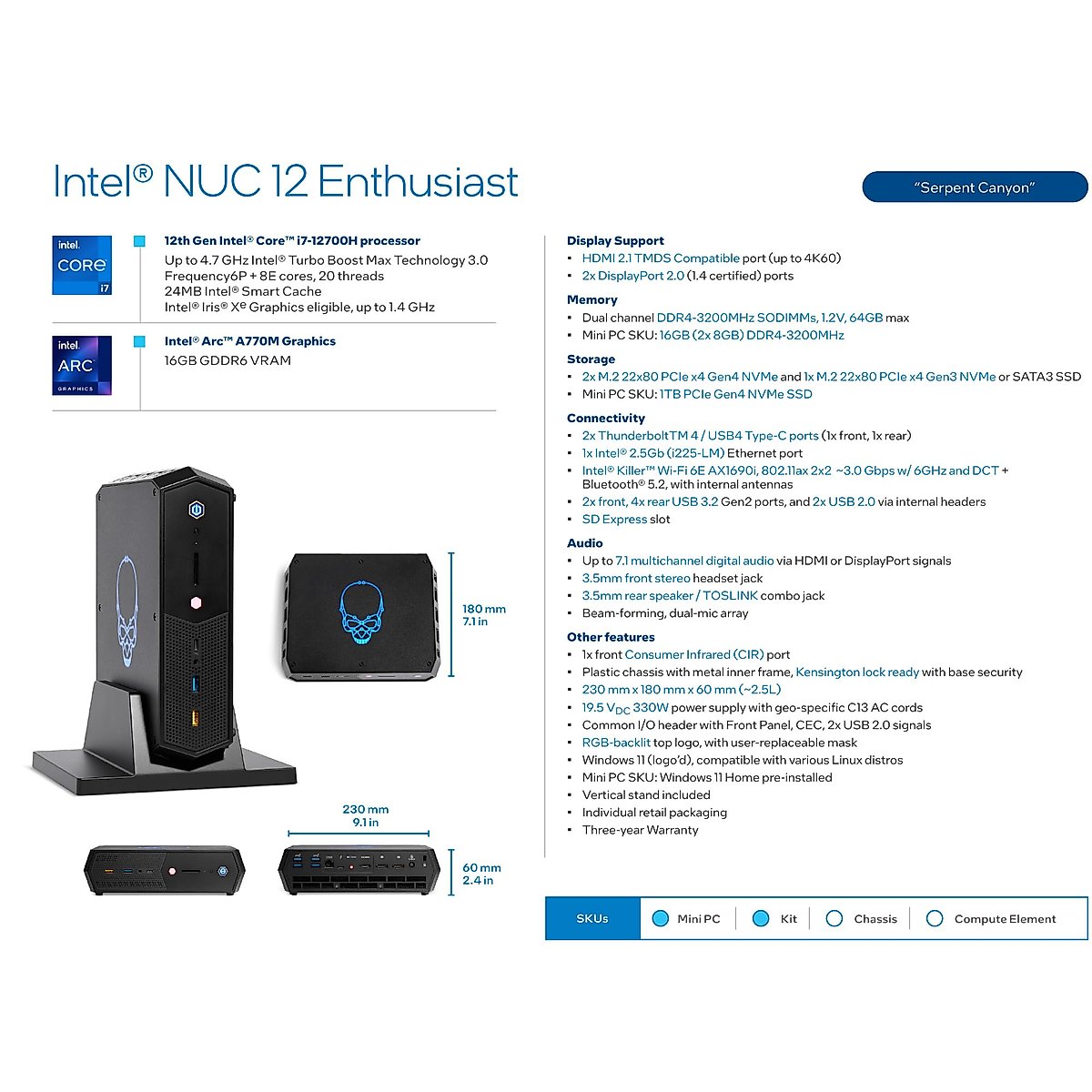 Intel NUC 12 Enthusiast NUC12SNKi7 Mini PC Core i7-12700H | 14 Cores/20 Threads | ARC A770 Graphics | Windows 11 Pro 64GB RAM | 2TB SSD - Packed Connectivity 6 USB-A, 2 USB-C, 1 HDMI, 2 Display Ports