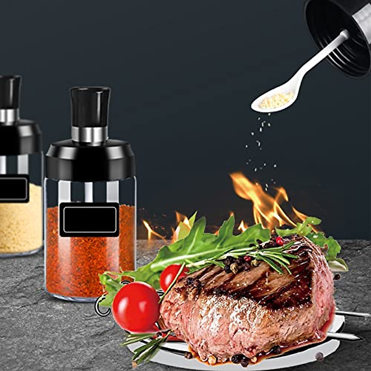 Kitchen Clear glass Spice Jars Seasonning Box Set of 4 with Spoons, Seasoning Containers Bottles with Black Cap,10oz for Home and Kitchen (4)