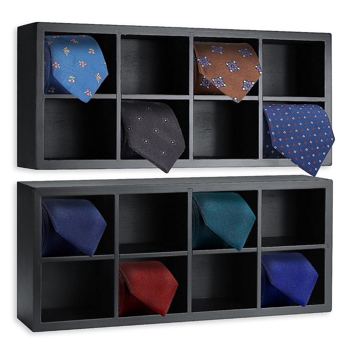 Tie Organizer, 2 Pack Bamboo Tie Rack, 16 Compartments - Drawer Storage Dividers or Wall Mounted Storage Rack for Dressing Room, Bedroom, Men Closets - Storage Ties, Belt, Briefs, Socks