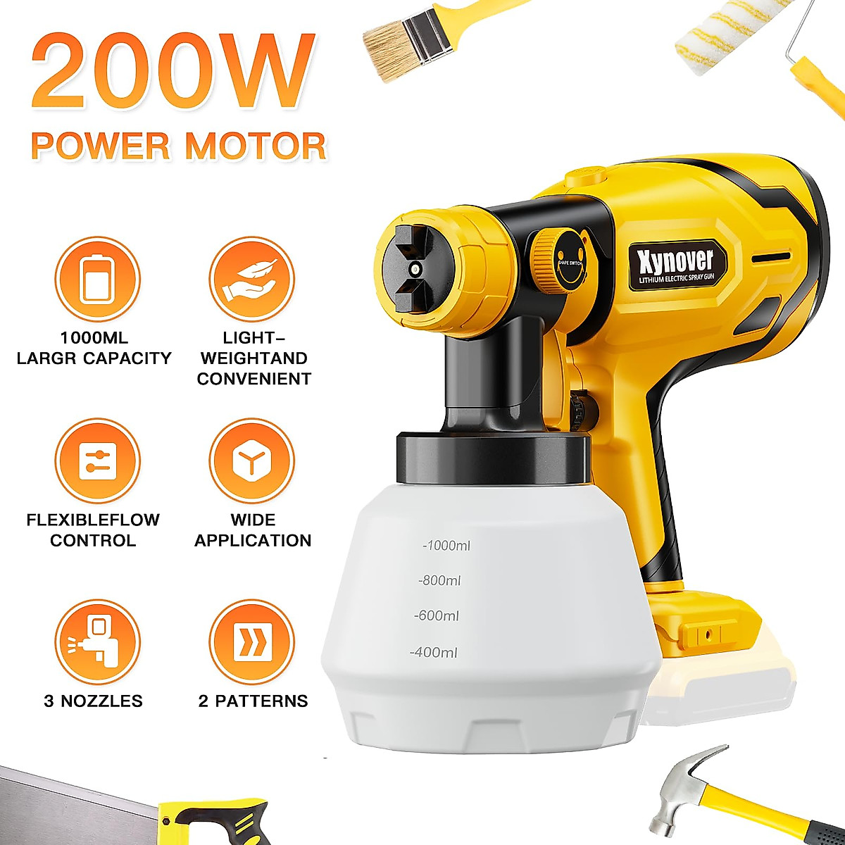 Xynover Cordless Paint Sprayer for Dewalt 20V MAX Battery, HVLP Spray Paint Gun with Brushless Motor and 4 Copper Nozzle 200W Paint Sprayer for Home Interior Exterior Paint(Battery Not Included)