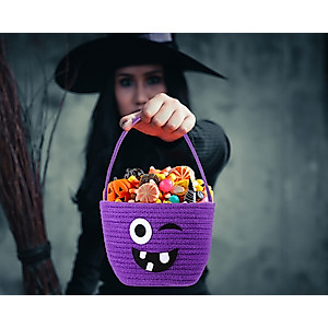 Teenyyou Halloween Trick or Treat Basket with Handle Cute Halloween Bucket Cotton Rope Woven Candy Bag Pumpkin Witch Cat Pig Storage Basket for Halloween Party Favor(3 Packs,Mixed Style)