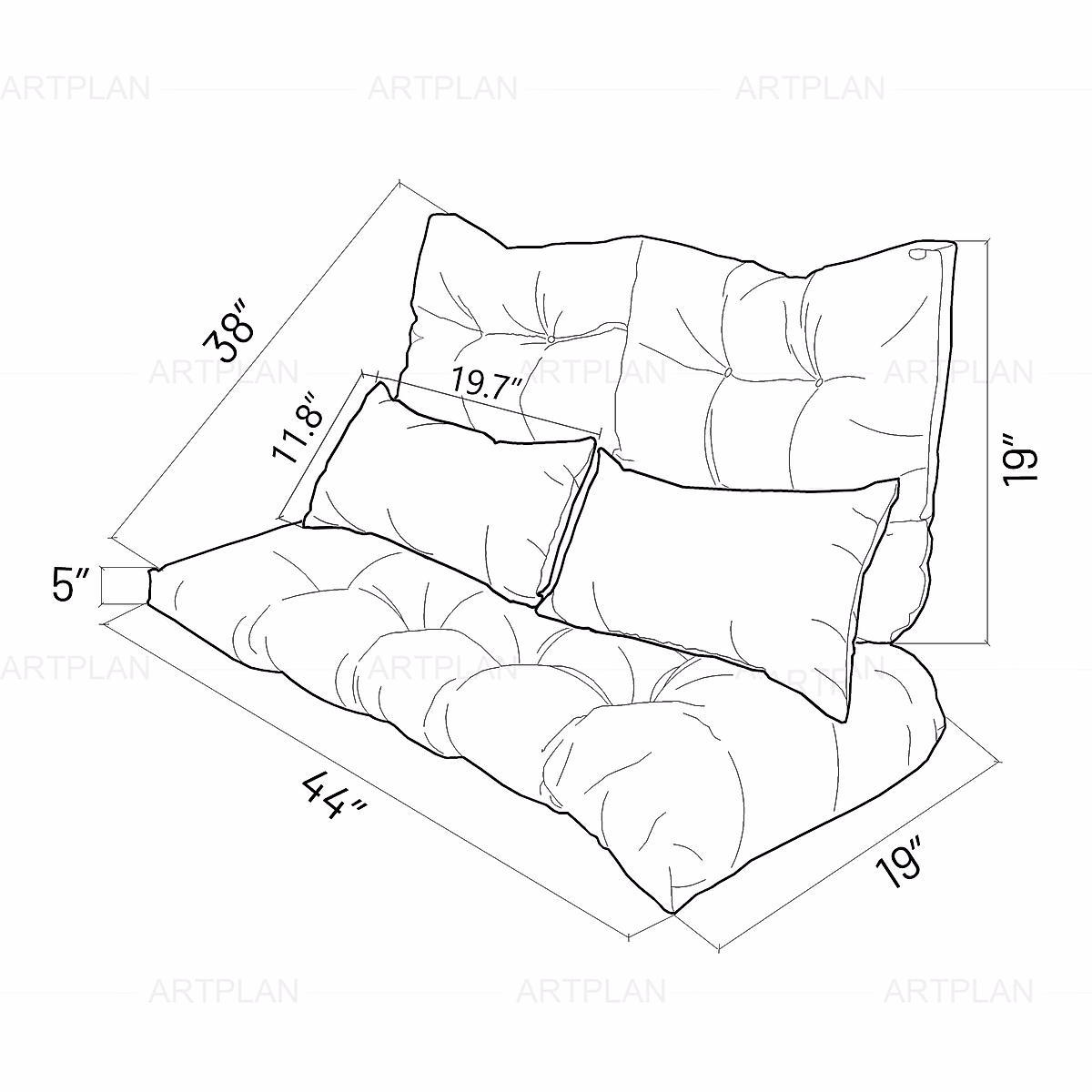 ARTPLAN Outdoor Loveseat Cushions,5 Piece Wicker Chair Cushions Set,Tufted Cushons for Wicker Bench Patio Furniture,Floral