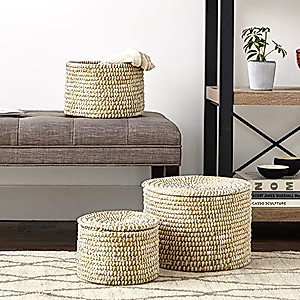 Creative Co-Op Whitewashed Woven Seagrass Lids (Set of 3 Sizes) Baskets, White