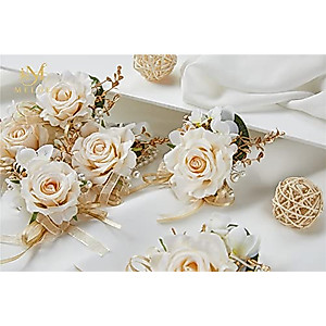 Meldel Champagne Prom Flower Wrist Corsage for Wedding, Set of 6, Rose Wrist Flower for Mother of Bride and Groom , Bride Bridesmaid Girl Women Party, Homecoming Ceremony Anniversary