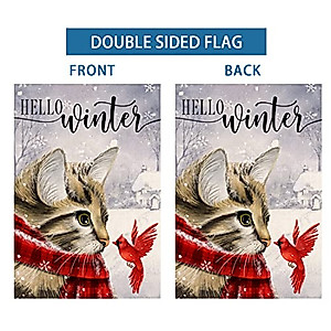 Winter Cat Garden Flag 12x18 Vertical Double Sided Cardinal Bird Snow Christmas Holiday Outside Decorations Burlap Yard Flag BW230