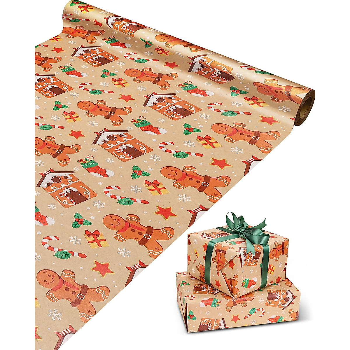 RayofSun christmas wrapping paper,Gingerbread Man gift wrapping paper rolls,kraft gift wrapping paper for people Make the gift more exquisite for celebrating Christmas (pack of 1:17 in x 32 ft)
