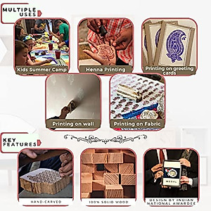Hashcart® Wooden Pottery Stamps for Block Printing - Handcarved Indian Textile Printing Blocks Set of 10, Wooden Clay Pottery Stamps for Crafting on Fabric, Card & Henna Stamps