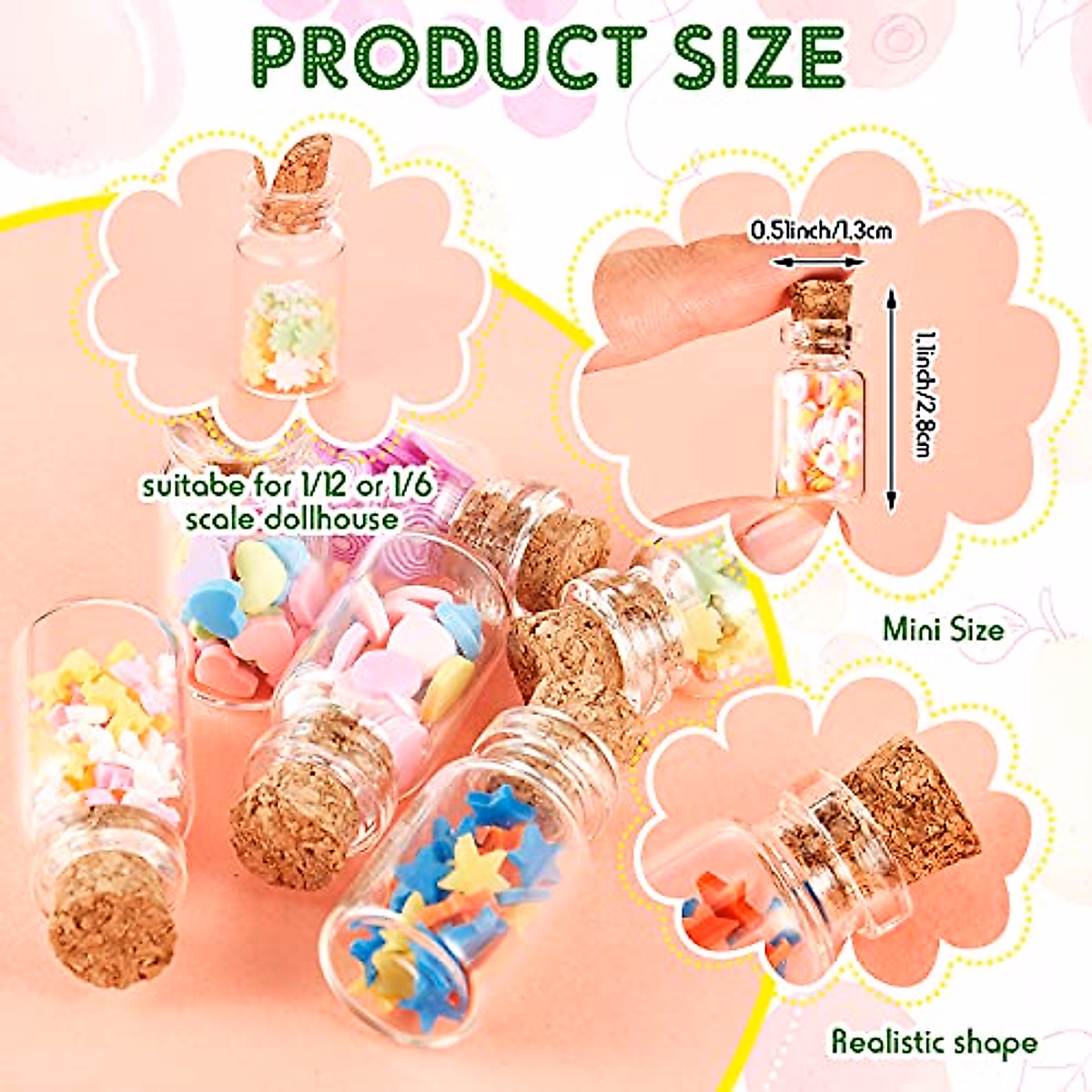 50 Pieces Cute Miniature Dollhouse Food Jar Glass Bottle 1:12 Mini Fruit Simulation Scene Candy Snack Model Game Party Toys Pretend Play Doll House Kitchen Decoration for Dollhouse