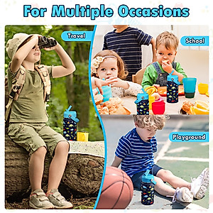 Lehoo Castle Kids Insulated Water Bottle, 14oz Kids Water Bottle Stainless Steel for School, Kids Thermos Water Bottle with Straw＆Handle, Leak Proof Toddler Water Bottle Dinosaur for Boys (Blue)