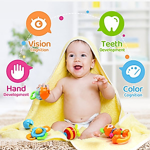 CUTE STONE Baby Rattles Toys Set, Babies Teethers Toys for Baby 3-12 Months, Early Development Learning Toy with Grasp, Spin Rattle Set and Storage Box, Newborn Infant Birthday Gifts for Girls & Boys