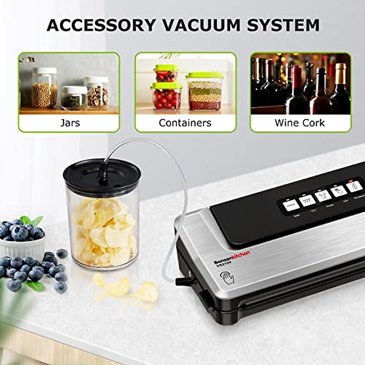 Bonsenkitchen Food Sealer Machine, Dry/Moist Vacuum Sealer Machine with 5-in-1 Easy Options for Sous Vide and Food Storage, Air Sealer Machine with 5 Vacuum Seal Bags & 1 Air Suction Hose, Silver