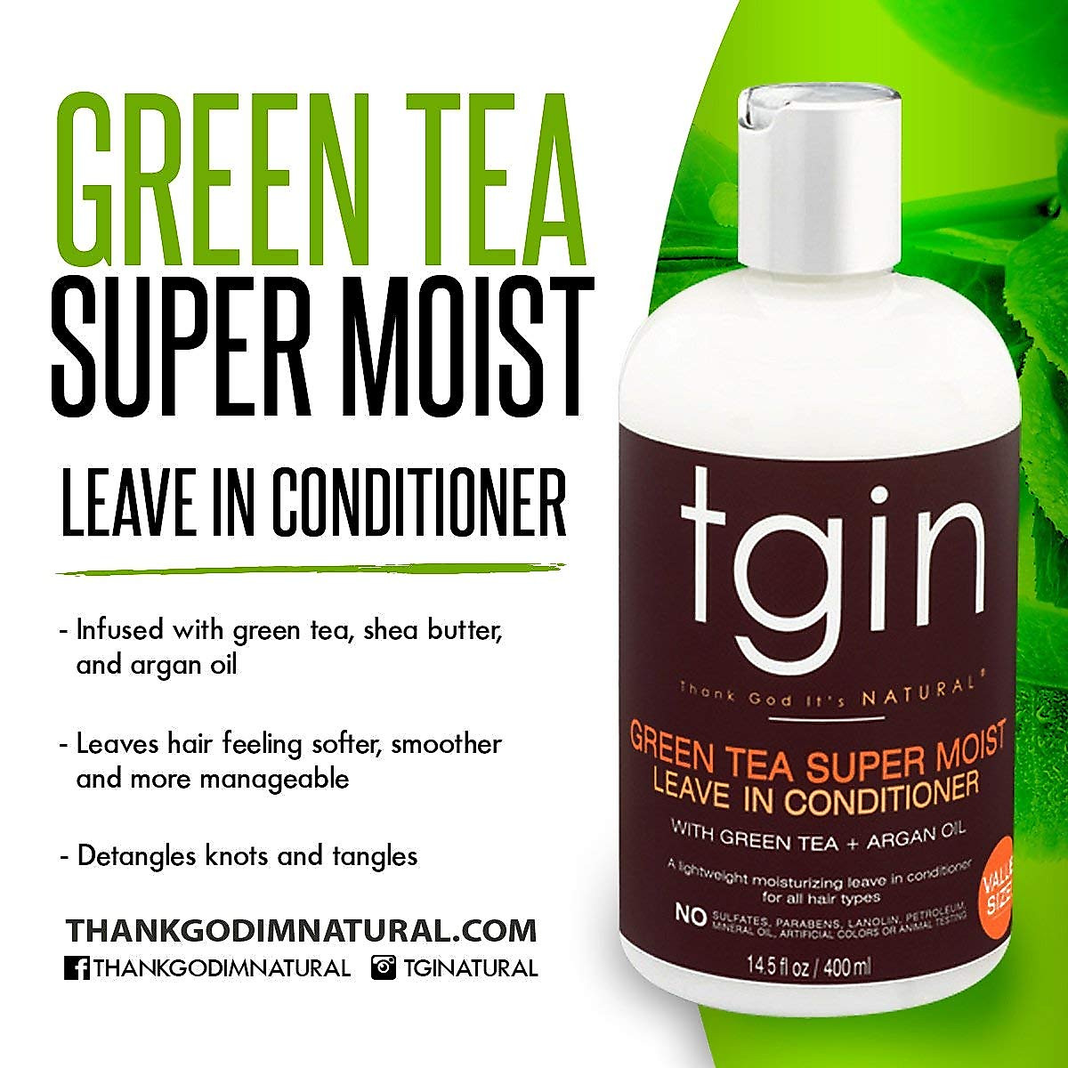 tgin Green Tea Super Moist Leave in Conditioner for Curly, Coily and Wavy Hair, with Argan Oil, Shea Butter and Green Tea, Moisturizes and Nourishes Dry Hair, 13 oz