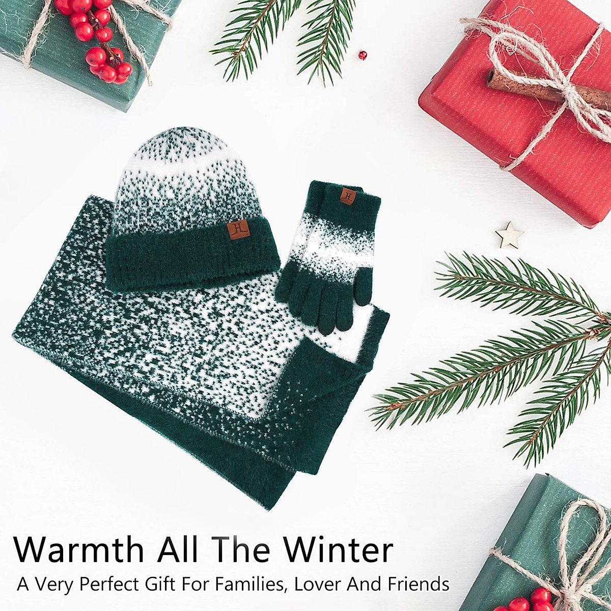 Womens Winter Knit Beanie Hats and Touchscreen Gloves Long Scarf Set with Warm Fleece Lined Skull Caps Gloves Scarves for Women