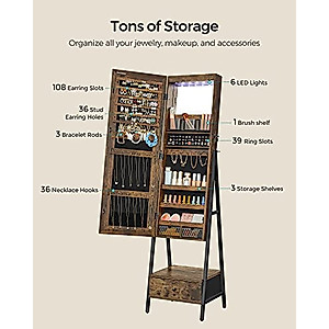 SONGMICS LED Cabinet Standing, Lockable Jewelry Armoire with Full-Length Mirror, Space-Saving Jewelry Organizer with Mirror, Bottom Drawer and Shelf, Gift Idea, Rustic Brown UJJC025X01