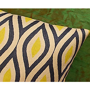 Kashmir Designs Gray Yellow Modern Pillow Cover | Contemporary Pillow for Couch | Abstract Throw Pillows | Modern Outdoor Pillows | Modern Farmhouse Chair Cushion | Hand Embroidered Wool | Size -18x18