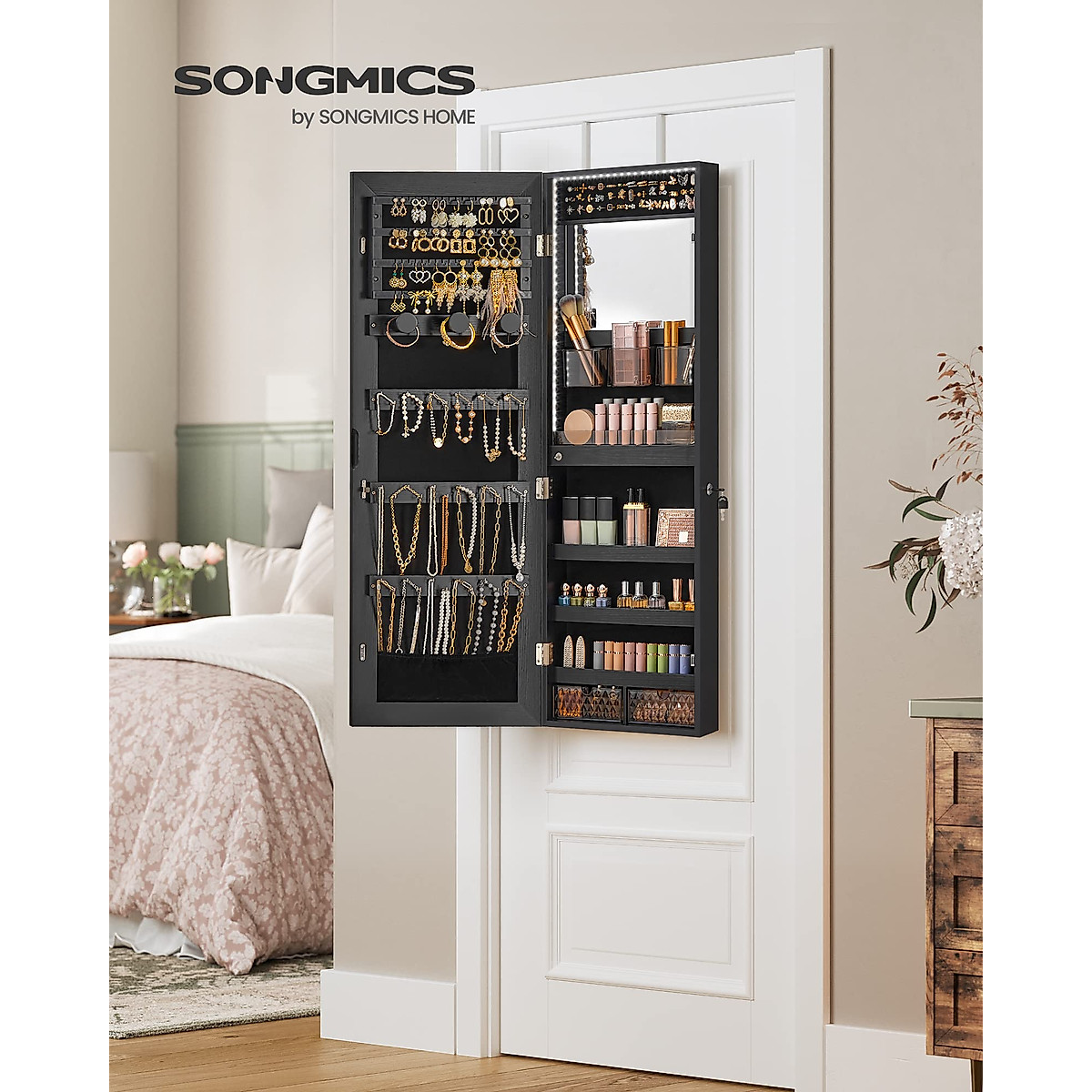 SONGMICS Jewelry Cabinet Armoire Organizer with LED Lights, Wall-Mounted Storage Cabinet with Full-Length Frameless Mirror, Built-in Makeup Mirror, 2 Drawers, Lockable, Black UJJC013B01