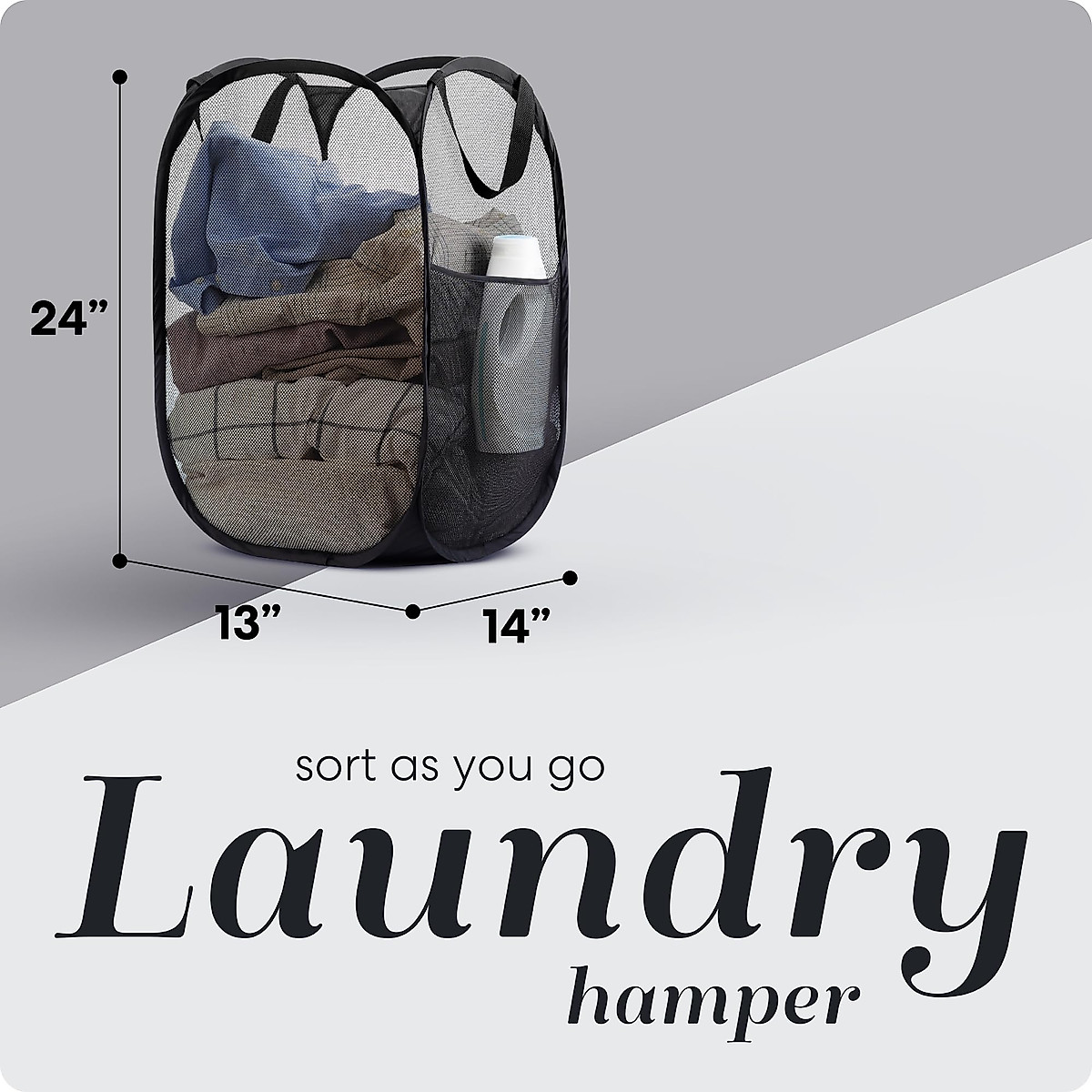 Handy Laundry Collapsible Mesh Pop Up Hamper with Wide Opening and Side Pocket – Breathable, Sturdy, Foldable, and Space-Saving Design for Clothes and Storage. (Black | 2-Pack)