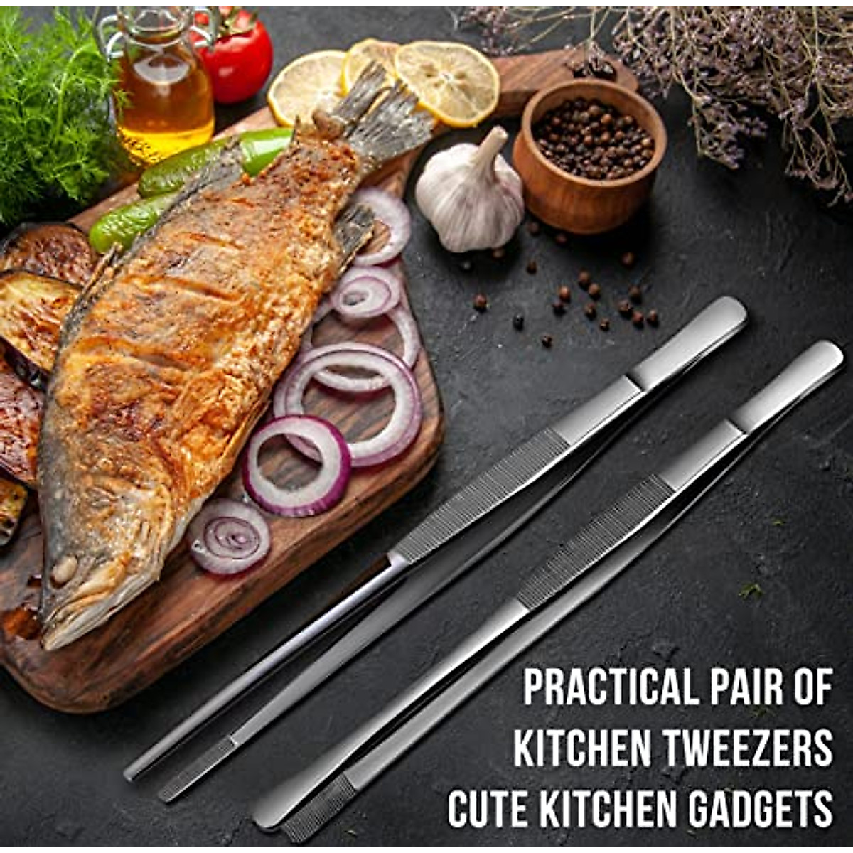 ENESTO Kitchen Tweezers Stainless Steel - Food Tweezers Set 12 inch, Fine Tweezer Tongs, Extra Long Tweezers 2 pcs, Professional Cooking Tweezers with Precision Serrated Tips Cooking Tongs